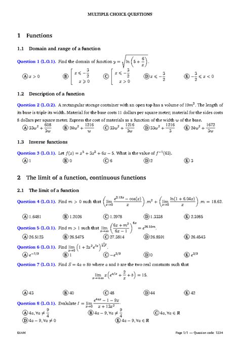 Exercise Book Cal 1 Caculus Multiple Choice Questions 1 Functions 1
