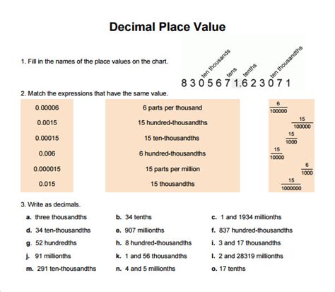 FREE 12 Sample Decimal Place Value Chart Templates In MS Word PDF