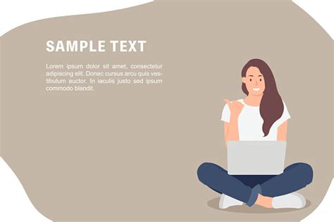 만화 사람들 문자 디자인 배너 템플릿 여자는 멀리 교차 다리와 포인트 손가락으로 바닥에 앉아 있는 동안 노트북에서 작업 귀여운에 대한 스톡 벡터 아트 및 기타 이미지