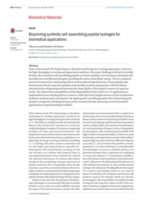 Bioprinting Synthetic Self Assembling Peptide Hydrogels For Biomedical Applications Request Pdf