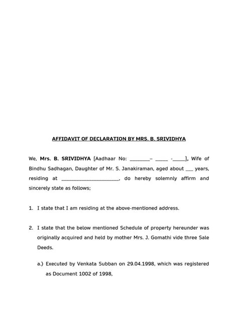 Affidavit Of Property Settlement By Mrs B Srividhya Pdf Civil Law