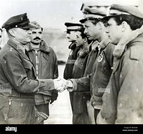 Genberal Ira C Eaker Meets Members Of A B29 Bomber Crew In 1943 Stock