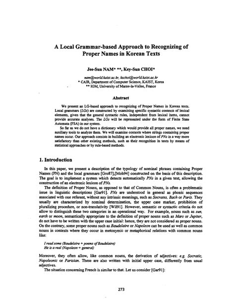 Pdf A Local Grammar Based Approach To Recognizing Of Proper Names In Korean Texts