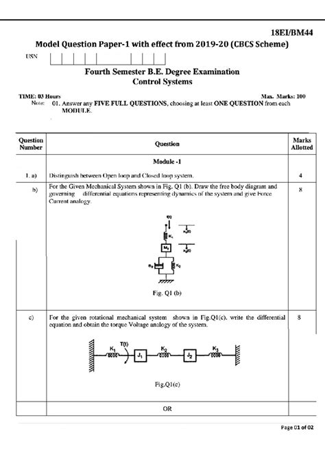 Model Question Paper Solution For 18ec43 Control Systems 4th Sem Be