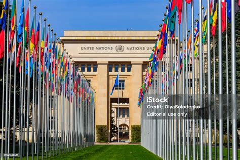 스위스 제네바의 유엔 궁전 앞에있는 유엔 회원국 깃발의 행 유엔 빌딩에 대한 스톡 사진 및 기타 이미지 유엔 빌딩