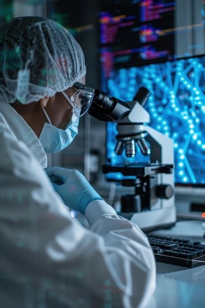 Scientist In Protective Gear Using A Microscope In A Hightech Laboratory Analyzing Data On A