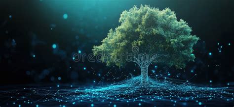 Digital Tree With Glowing Roots And Data Connections Representing