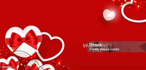 해피 발렌타인 데이 흰색 선물 상자는 축제 물건 촛불 빨간색 배경에 고립 장식 된 장식 빛으로 장식 된 빨간 활을 묶었다 배너 포스터 축제 맨 위 보기입니다 벡터 그림입니다