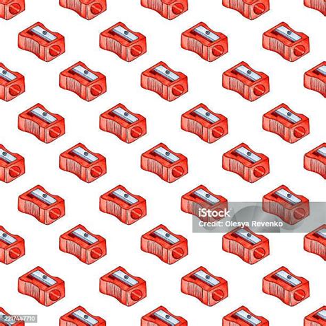 빨간 연필 깎이의 수채화 그림 패턴입니다 Back To School 포스터 포스터 엽서 휴일 장식을 위한 필기 용품 흰색 배경에 고립되어 있습니다 손으로 그린 것입니다