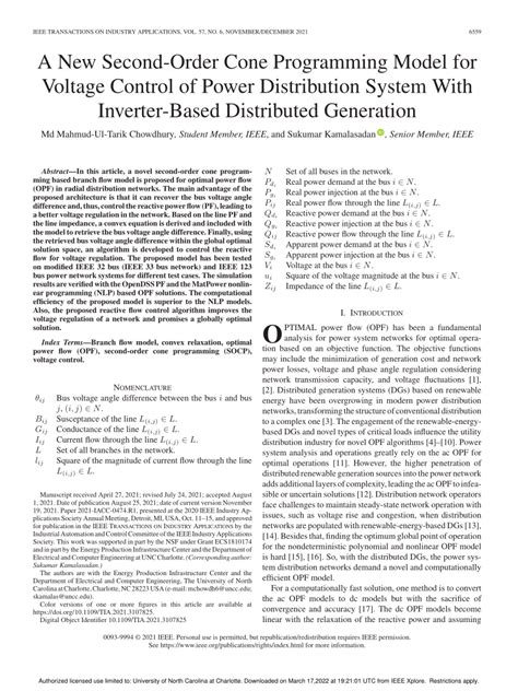 Pdf A New Second Order Cone Programming Model For Voltage Control Of