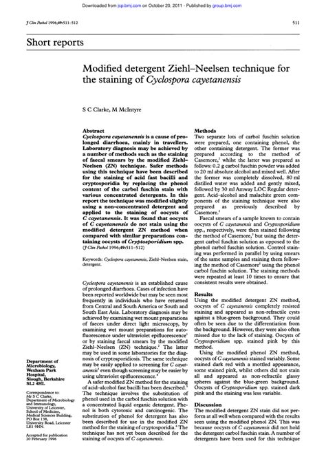 Pdf Modified Detergent Ziehl Neelsen Technique For The Staining Of Cyclospora Cayetanensis