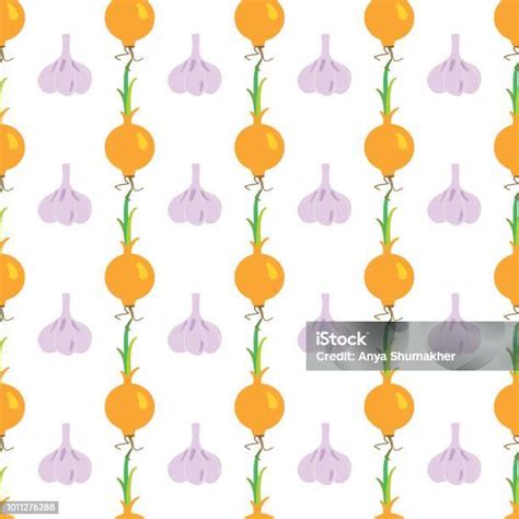 야채와 마늘과 양파는 흰색 바탕에 완벽 한 패턴입니다 디자인에 대 한 건강 식품 배경 막입니다 벡터 일러스트입니다 건강한 생활방식에 대한 스톡 벡터 아트 및 기타 이미지