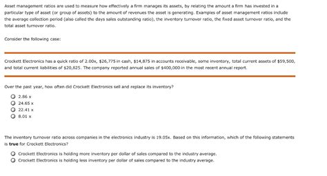 Solved Asset Management Ratios Are Used To Measure How