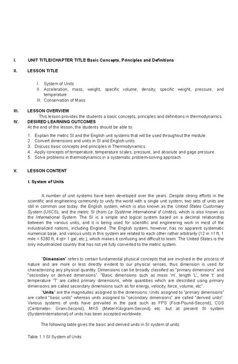 Thermo 1 Im Week2 3 I System Of Units Ii Acceleration Mass Weight Specific Volume