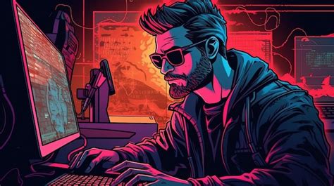 Premium Ai Image Bearded Male Hacker With Glasses Working At A Computer Fantasy Concept