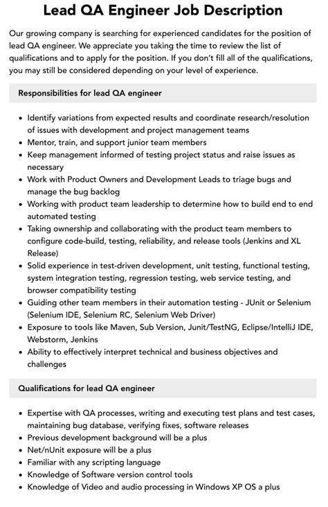Lead Qa Engineer Job Description Velvet Jobs