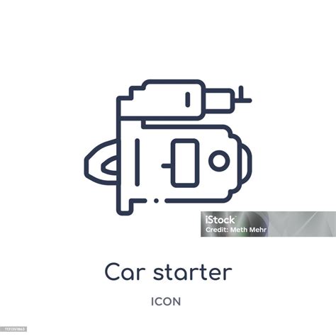 자동차 부품 개요 컬렉션에서 선형 자동차 스타터 아이콘입니다 얇은 라인 자동차 스타터 벡터 흰색 배경에 고립입니다 자동차 스타터 유행 그림 금속에 대한 스톡 벡터 아트 및