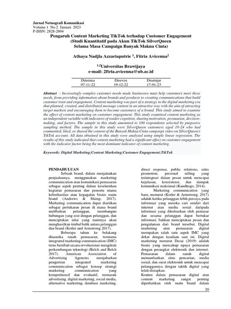 Pengaruh Content Marketing Tiktok Terhadap Customer Engagement Pdf