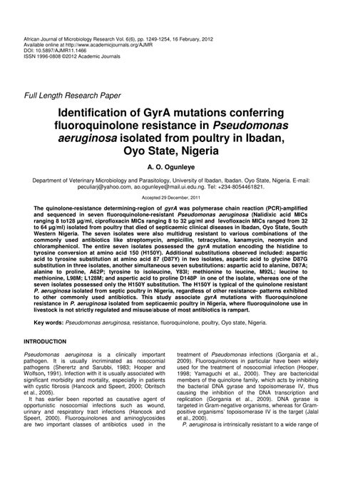 Pdf Identification Of Gyra Mutations Conferring Fluoroquinolone Resistance In Pseudomonas