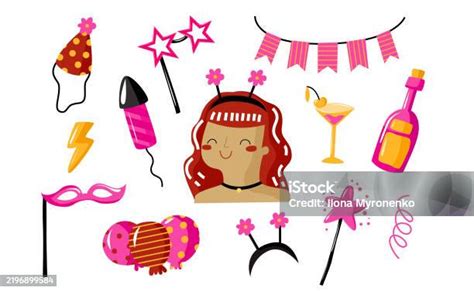 생일 벡터 파티 벽지 새해와 크리스마스 이브 12 월 파티 겨울 방학을 축하합니다 생일 축하 핑크 만화 세트 12월에 대한 스톡 벡터 아트 및 기타 이미지 Istock