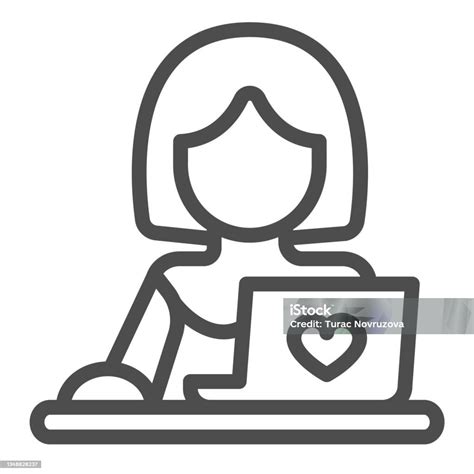 여자 노트북과 하트 라인 아이콘 데이트 컨셉 흰색 배경에 Datig 사이트 벡터 사인 모바일 개념 및 웹 디자인에 대한 개요 스타일 아이콘 벡터 그래픽 10에 대한 스톡