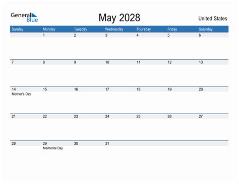 Editable May 2028 Calendar With United States Holidays