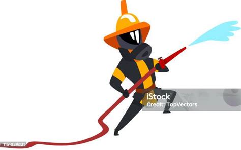 소방 관은 흰색 배경에 직장 벡터 일러스트 레이 션에서 유니폼과 마스크에 호스 소방 관 문자를 사용 하 여 물을 살포 구조에 대한 스톡 벡터 아트 및 기타 이미지 Istock