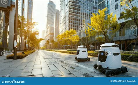 two autonomous delivery robots traverse a sidewalk in a modern city