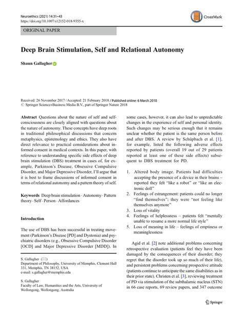 Deep Brain Stim Self And Relational Autonomy Pdf Autonomy Experience