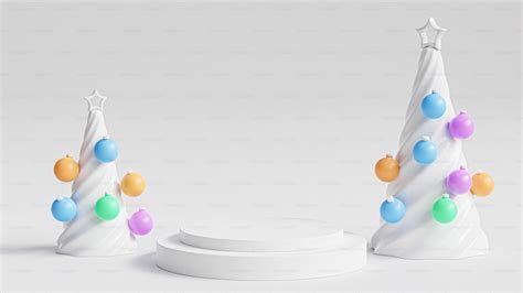 하얀 받침대 옆에 있는 작은 하얀 크리스마스 트리 사진 Unsplash의 3d 이미지