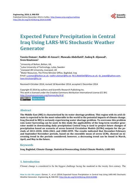 Pdf Expected Future Precipitation In Central Iraq Using Lars Wg Stochastic Weather Generator