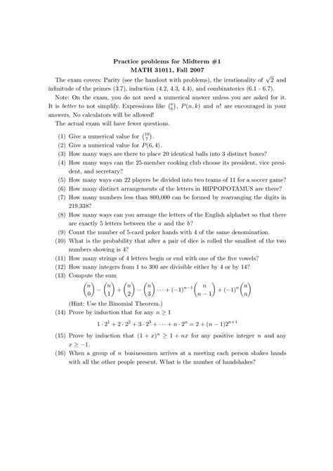 Midterm 1 Practice Problems For Math 31011 Fall 2007 Exams Discrete