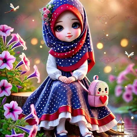 بک گراند کودکانه دختر کوچولوی ناز با حجاب پیراهن خال خالی با کوله صورتی