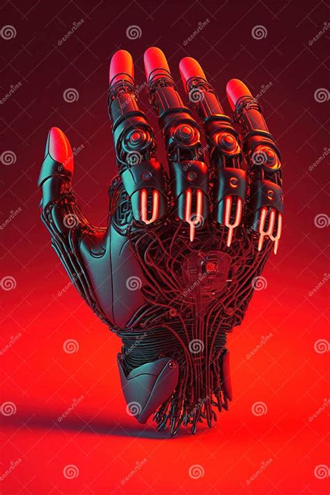 Image Of Cyber Prosthetic Of Hand On Red Background Created Using