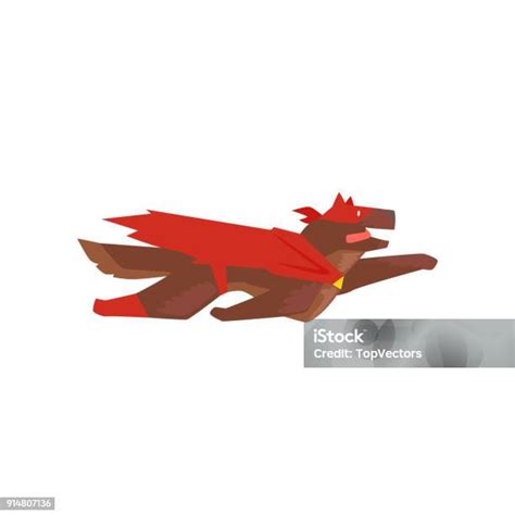 슈퍼 히어로 캐릭터 비행 슈퍼 강아지 입고 빨간 망 토와 마스크 만화 벡터 일러스트 레이 션 갈색에 대한 스톡 벡터 아트 및