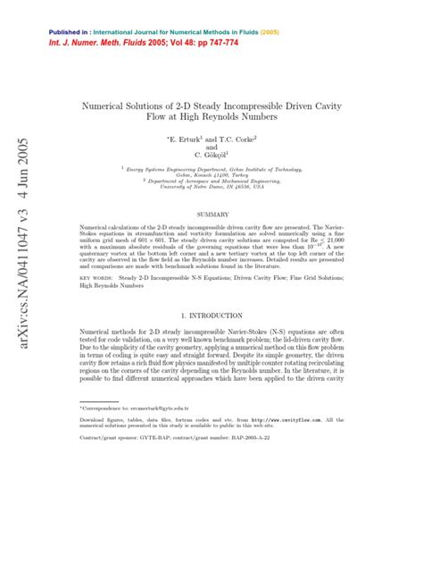 Prof Erturk Lid Driven Cavity Pdf Navierstokes Equations Fluid Dynamics