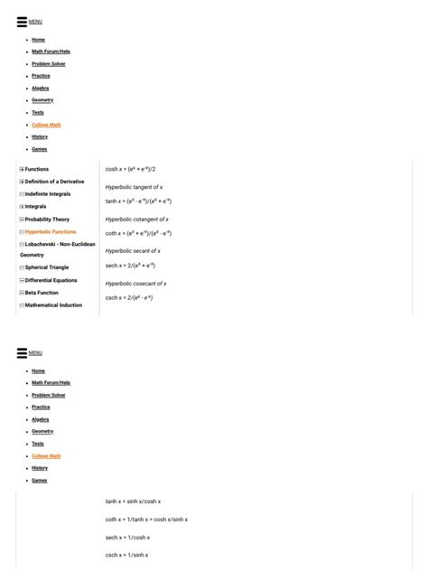 Hyperbolic Functions Sinh Cosh Tanh Coth Sech Cosech Pdf