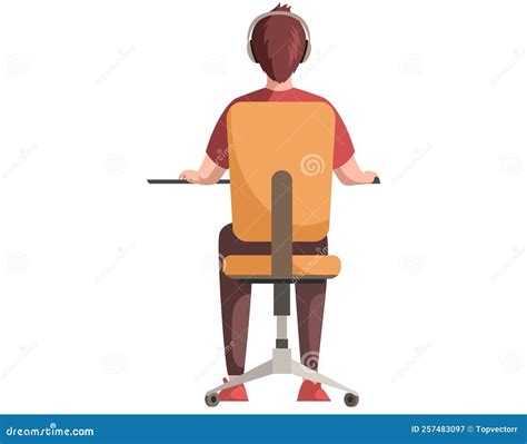 man working on computer at desk back view of male employee sitting on chair at workplace stock
