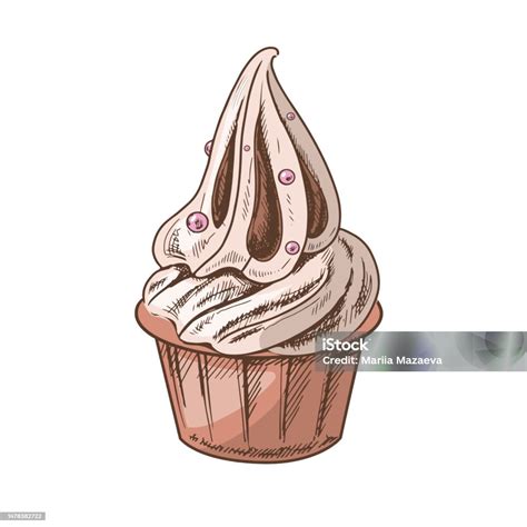 컵에 담긴 냉동 요구르트 또는 소프트 아이스크림의 손으로 그린 컬러 스케치 빈티지 그림입니다 라벨 포장 및 엽서 디자인을위한