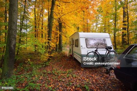캐 러 밴 트레일러 자전거가을에 아름 다운 너도 밤나무 숲에 주차 가을에 대한 스톡 사진 및 기타 이미지 가을 고정됨 관광객 Istock