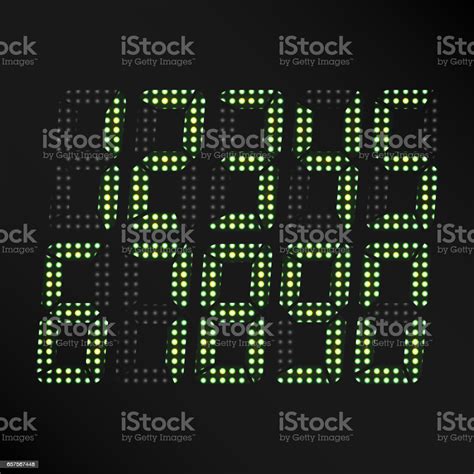 디지털 빛나는 숫자의 벡터입니다 검은 배경에 디지털 녹색 숫자의 집합입니다 고전적인 상징의 시간입니다 복고풍 시계 카운트 디스플레이 및 전자 제품 0명에 대한 스톡 벡터