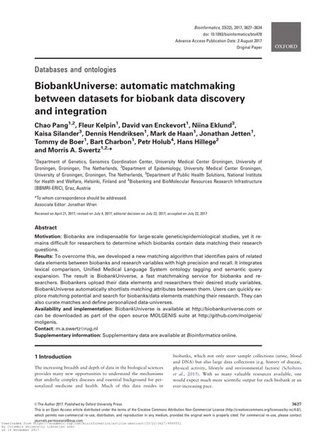 Pdf Biobankuniverse Automatic Matchmaking Between Datasets For