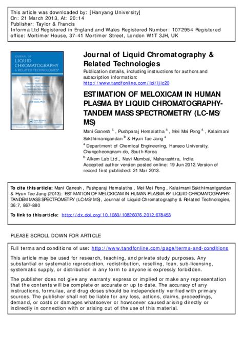 Pdf Estimation Of Meloxicam In Human Plasma By Liquid Chromatographytandem Mass Spectrometry