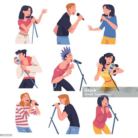 마이크를 가진 가수와 음악가가 무대 벡터 세트에서 음악을 연주합니다 가수에 대한 스톡 벡터 아트 및 기타 이미지 가수 기술 가사 음악 형식 Istock