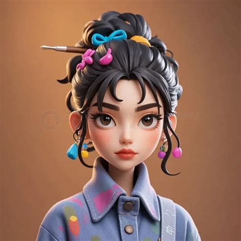 Ip形象ai数字艺术 艺术学生彩绘工作服凌乱的发髻创意配饰工作室背景女孩ip形象卡通3d渲染成年女性站立彩色夹克耳环发饰插画 Ai立体元素免费下载png格式768像素编号71241362 千图网
