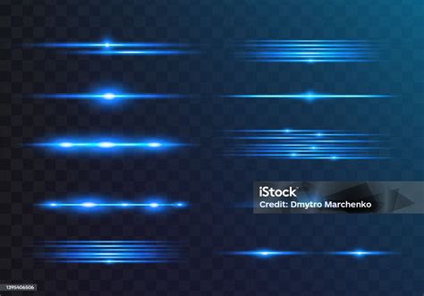 파란색 수평 렌즈 플레어 팩 세트 추상 광 플레어 레이저 빔 반짝이는 줄 지어 수평 광선 광선에 대한 스톡 벡터 아트 및 기타 이미지 Istock
