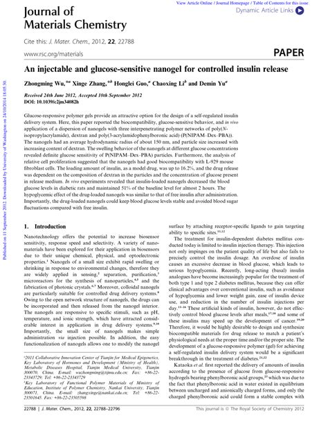 Pdf An Injectable And Glucose Sensitive Nanogel For Controlled