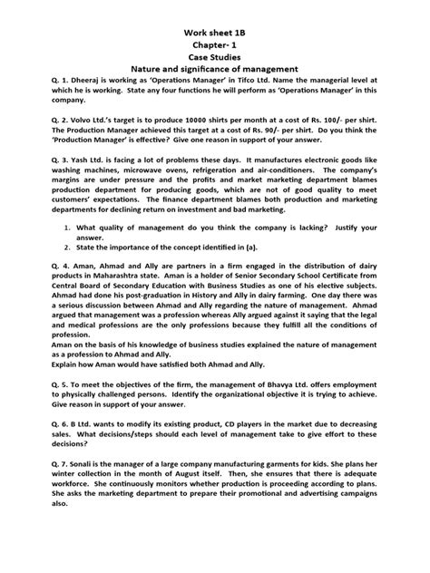 Work Sheet 1b Case St Chapter 1 Class 12 Bst Pdf Employment Goal