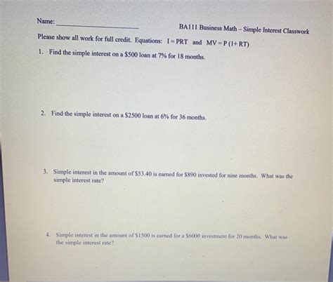 Solved Name Ba111 Business Math Simple Interest Classwork