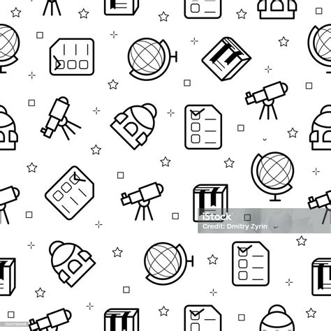 원활한 패턴 요소 손 그린 컬렉션 대학 연구 벡터 디자인 스타일 배경 성적 교육 학습 도서 글로브 망원경 배낭 일러스트 아이콘 검은색에 대한 스톡 벡터 아트 및 기타 이미지
